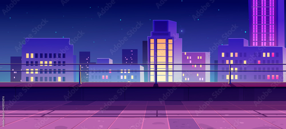Terrace on rooftop with city view at night. Empty patio on roof or ...