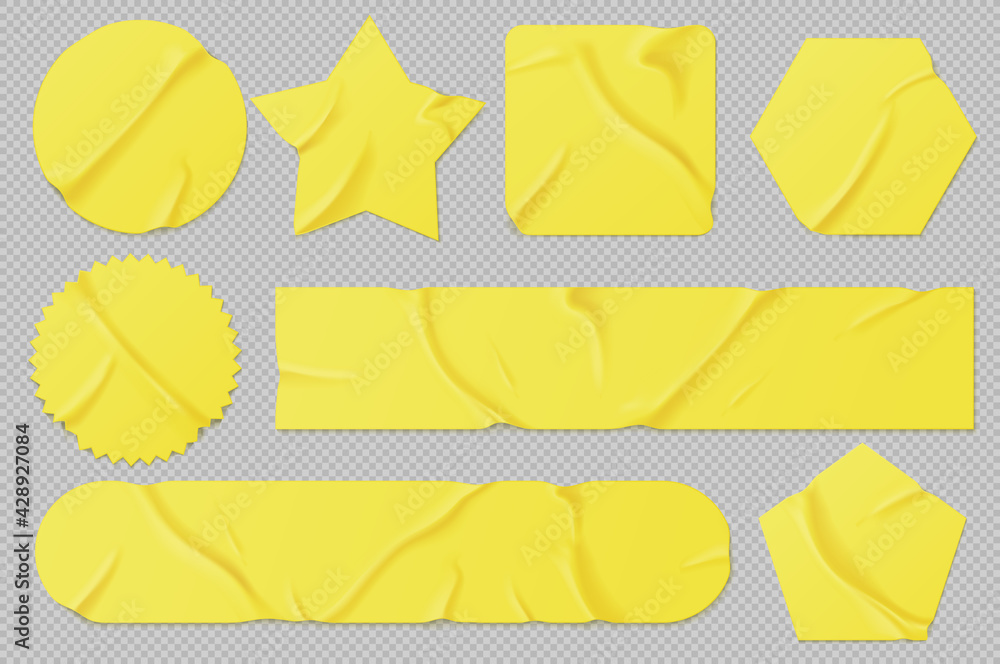 Yellow paper or pvc stickers, adhesive patches and tapes. Blank ...