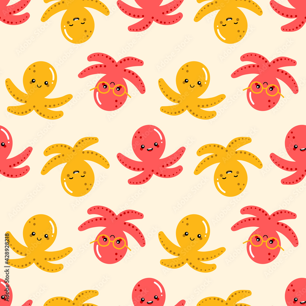Cute smiling red and yellow baby octopus cartoon style characters for ...