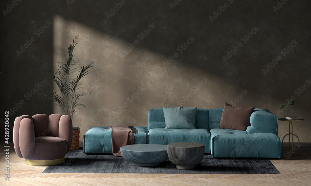 Modern cozy living room and concrete wall texture background interior ...