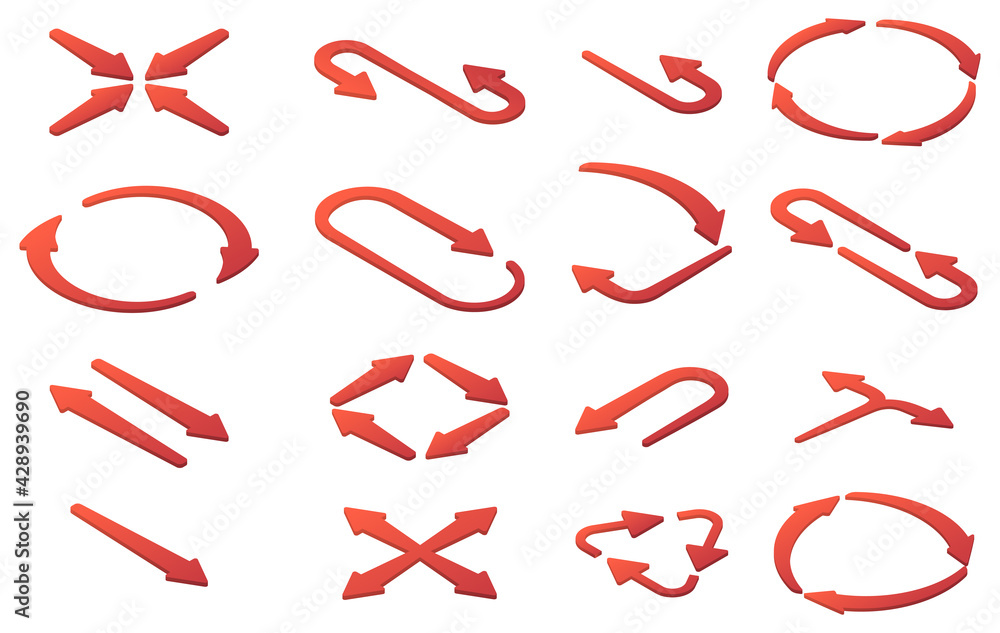 Isometric illustrations of red arrows in different directions.A set of ...