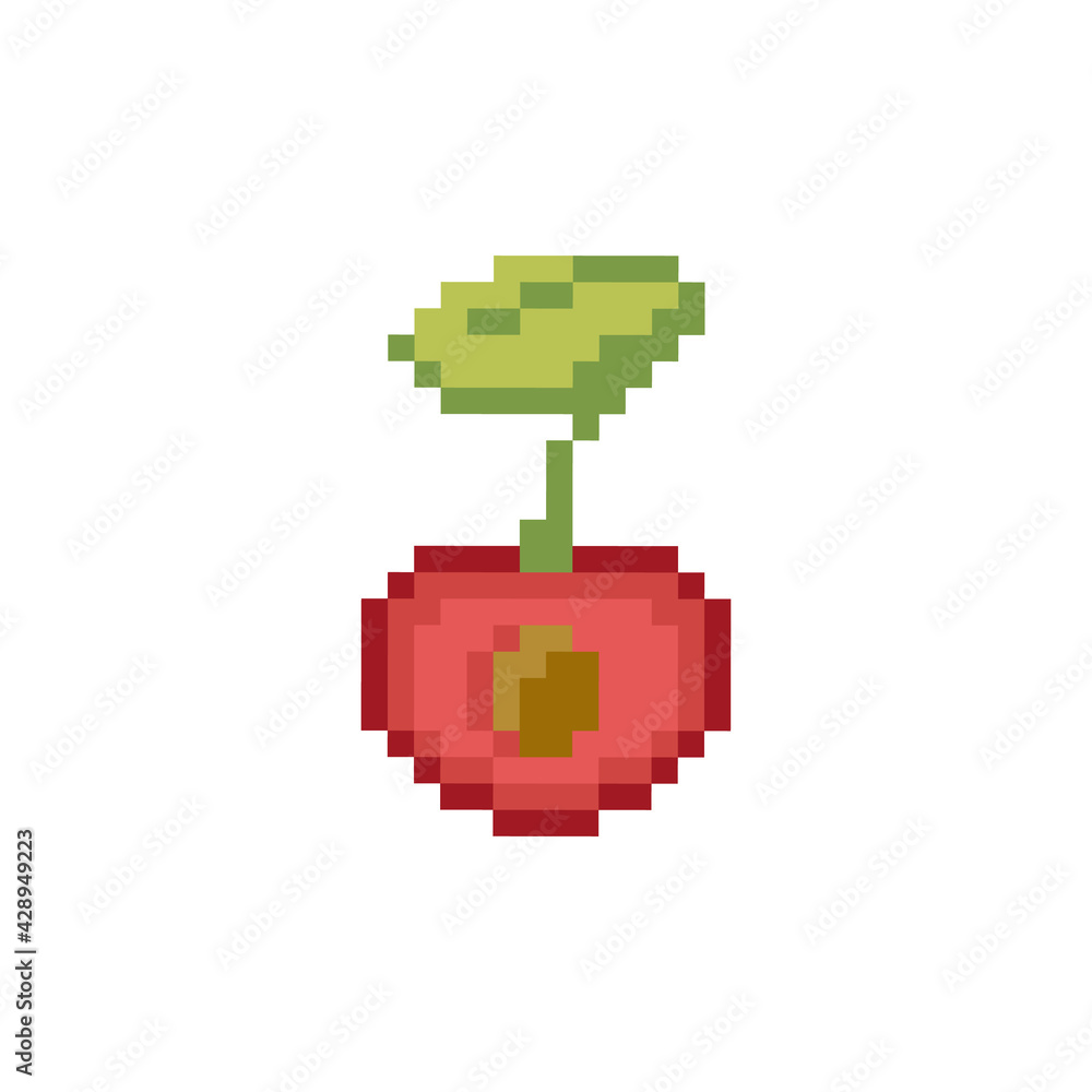 Pixel art half cherry icon. Pixel retro game half cherry with seed ...