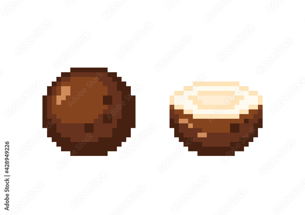 Pixel art coconut icon set. Pixel retro game coconut and half coconut ...