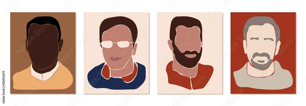 Set of abstract men faces. Stylized human portraits in simple shapes ...