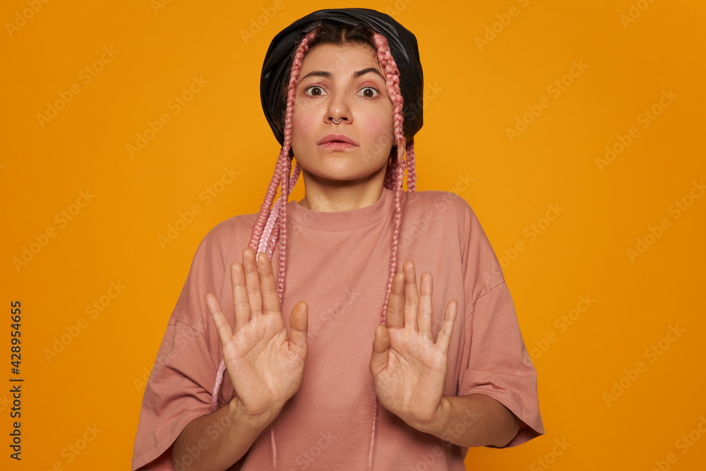 True human facial expressions and body language. Stressed frightened ...