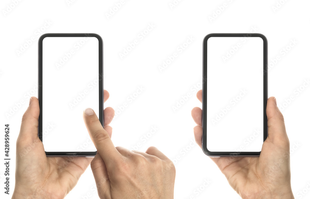 Set with index finger and smartphone in woman hands on white isolated ...