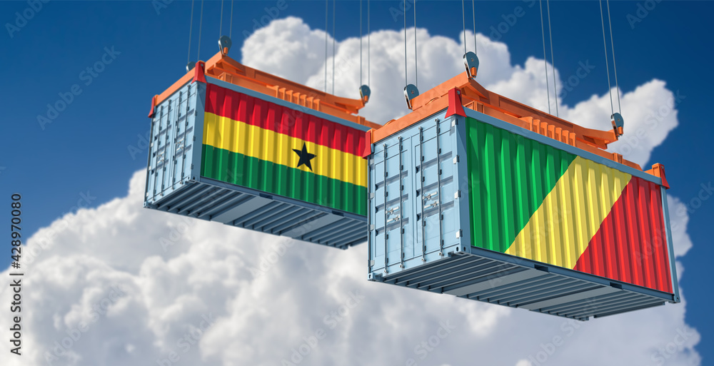 Freight containers with Republic of the Congo and Ghana national flags ...