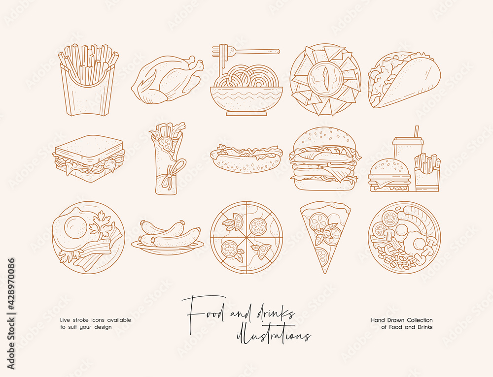 Set of hand drawn line art illustrations of fast food. Suit to brand ...