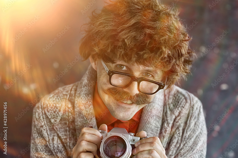 photographer with a vintage analog camera, a man with mustache, funny ...