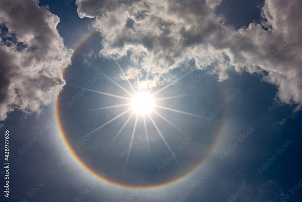 fantastic beautiful sun halo phenomenon in Thailand. Lens flare effects ...
