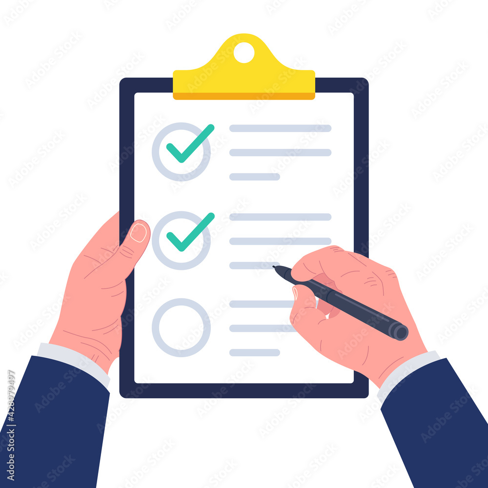 Businessman hand signing document. Hand filling checklist on clipboard ...