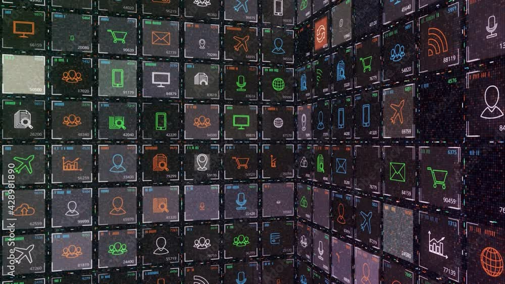 Abstract digital icons of nowadays internet reality blinking on dark ...