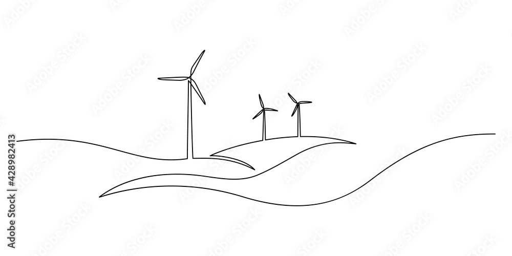 Wind energy in continuous line art drawing style. Hilly landscape with ...