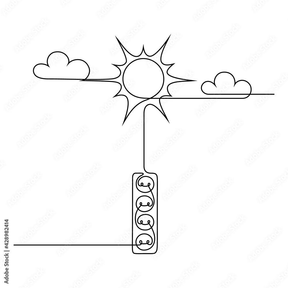 Solar energy in continuous line art drawing style. Abstract scene of ...