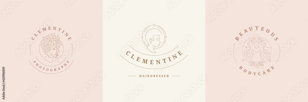 Feminine logos emblems design templates set with magic female portraits ...