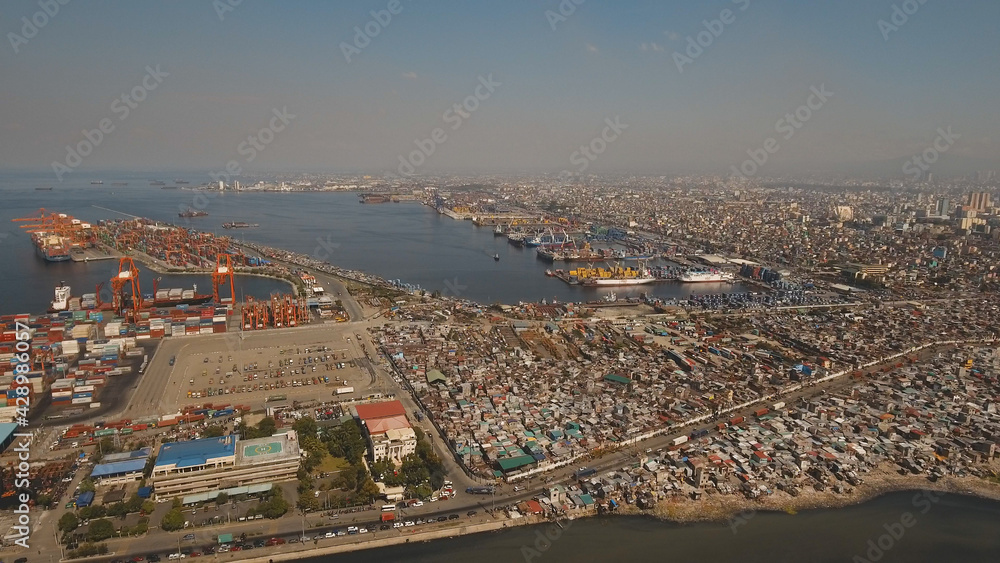 Aerial view industrial cargo port with ships and cranes. View of the ...