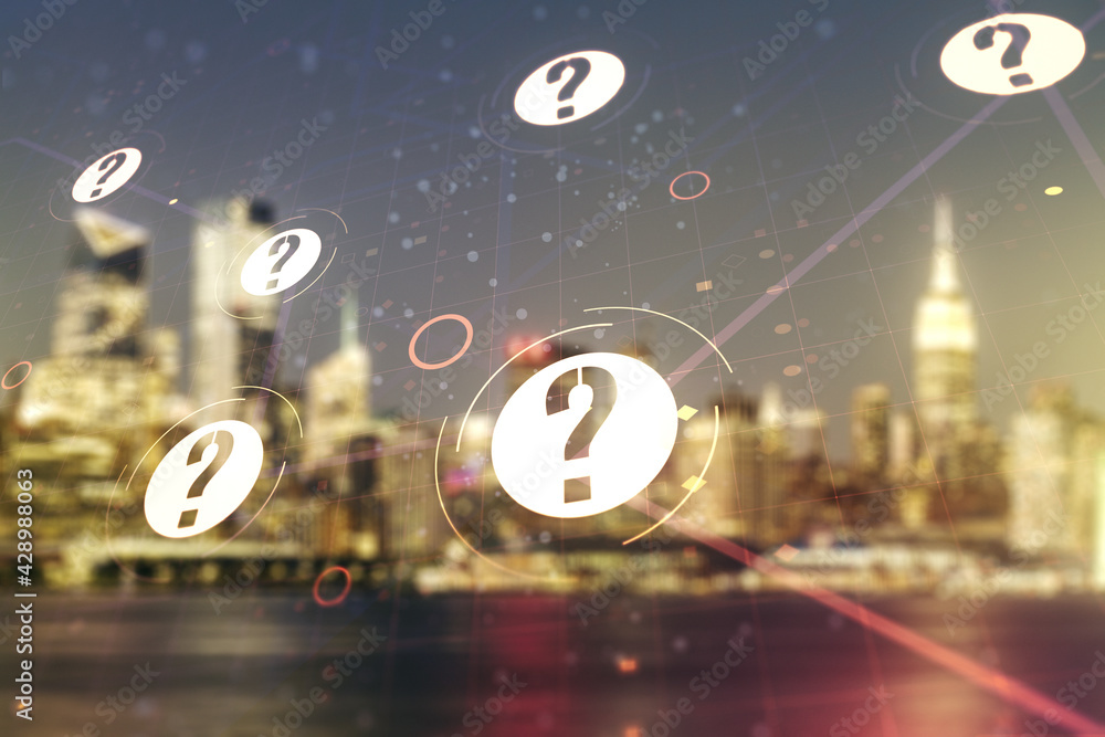 Abstract virtual question mark sketch on blurry office buildings ...