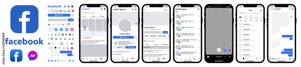 Facebook mockup. Set facebook screen social media and social network ...
