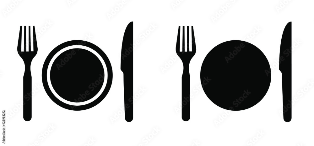 Plate, fork and knife icon. Food symbol for bar, cafe, hotel concept ...