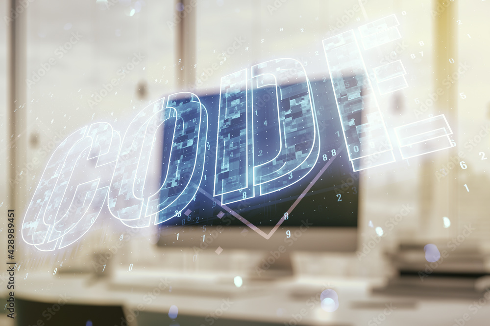 Creative Code word hologram on modern computer background, artificial ...