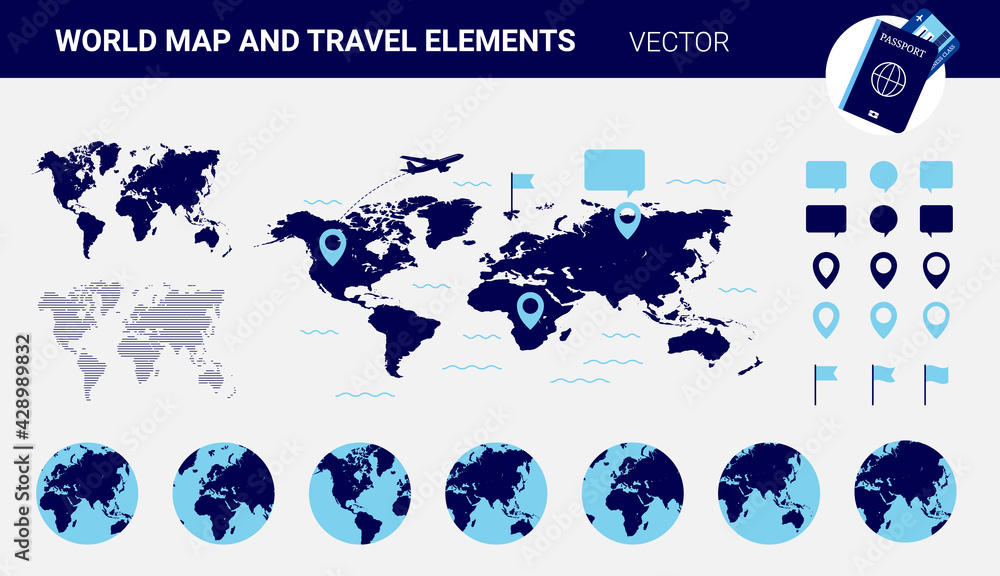 World map and travel elements - Vector illustration of maps and globe ...