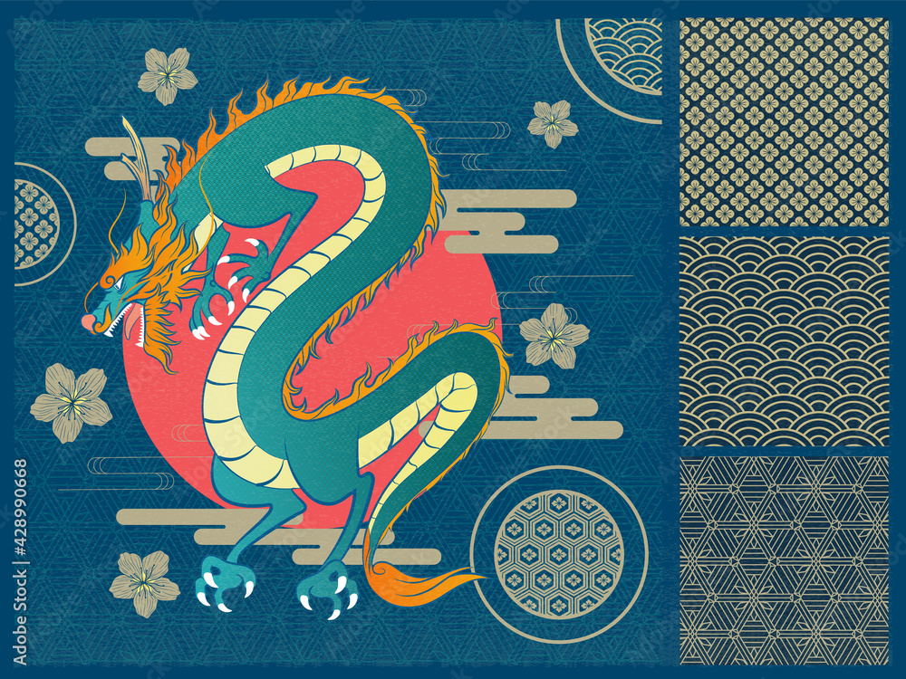 Abstract Art Japanese Flying Green Blue Dragon with Repeat Wave ...
