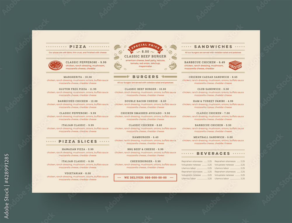 Fast food restaurant menu layout design brochure or flyer template ...