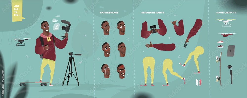 Stylized Character with Camera. Vlog Theme. Cool Guy. Set for Animation ...