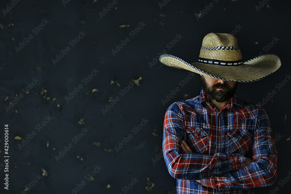 stern cowboy in a hat with brim, straw, retro vintage style, angry man ...