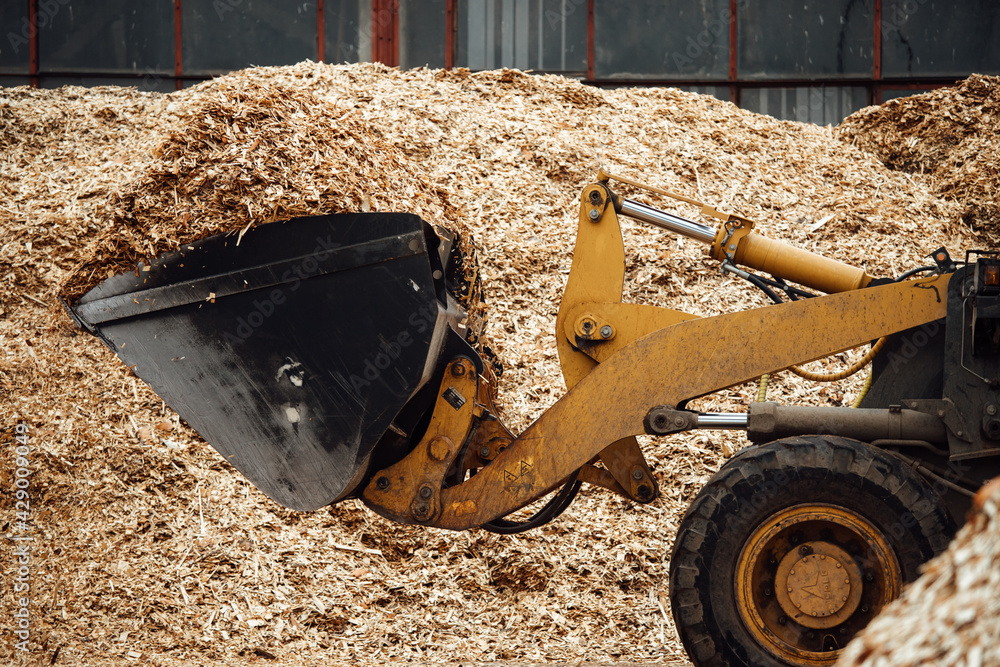 the excavator loads wood chips. the large bucket of the conveyor loads ...