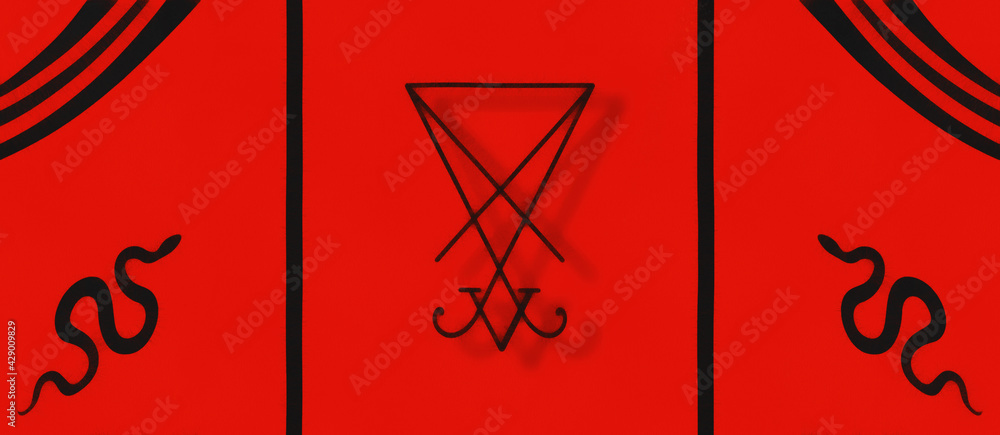 Sigil of Lucifer and silhouettes of serpents. Black lines. Red ...