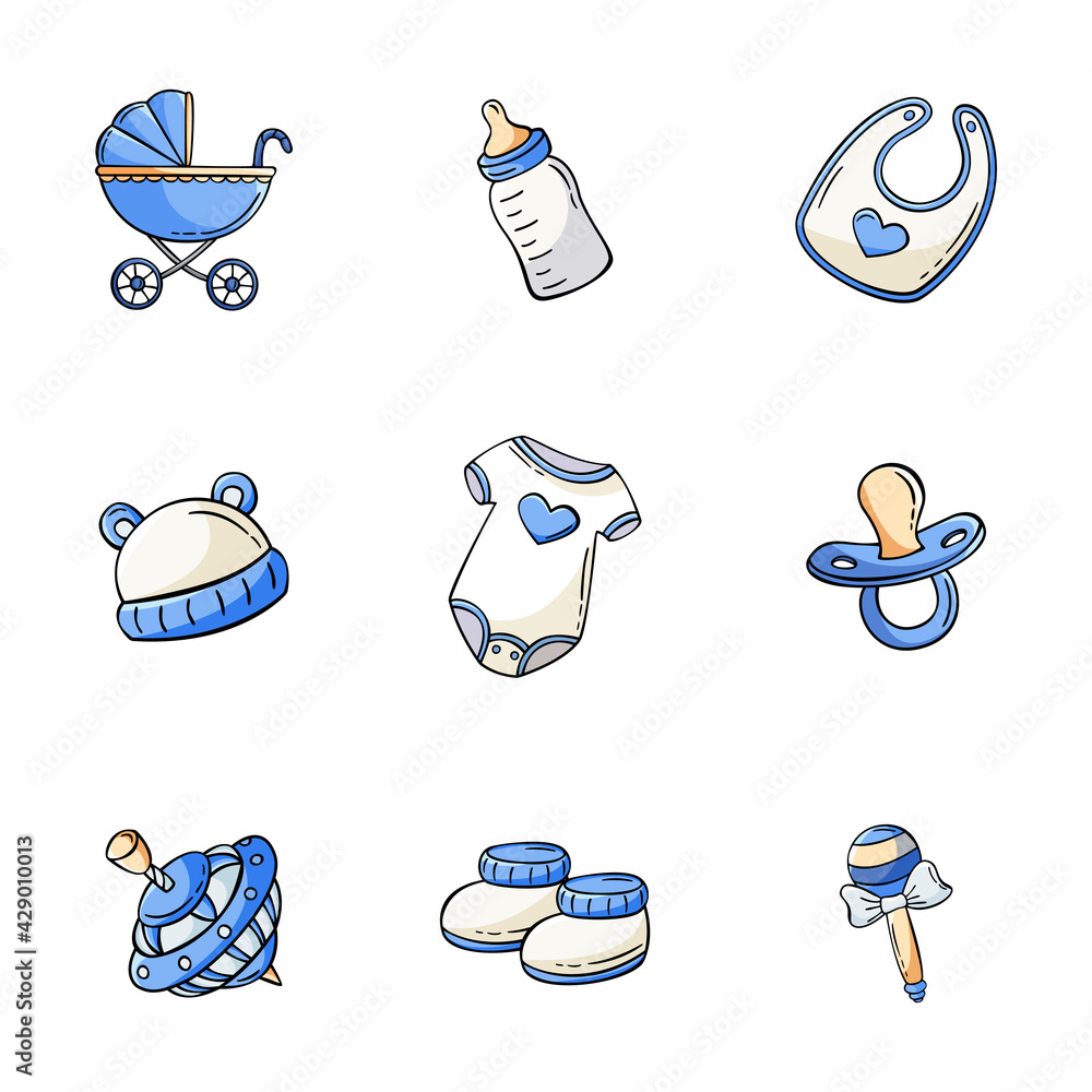 Hand drawn set of baby elements icons in doodle sketch style. Vector ...
