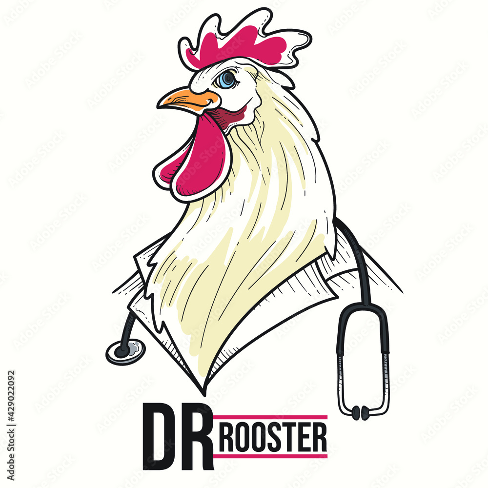Hand drawn cartoon illustration of a rooster / chicken as a doctor ...