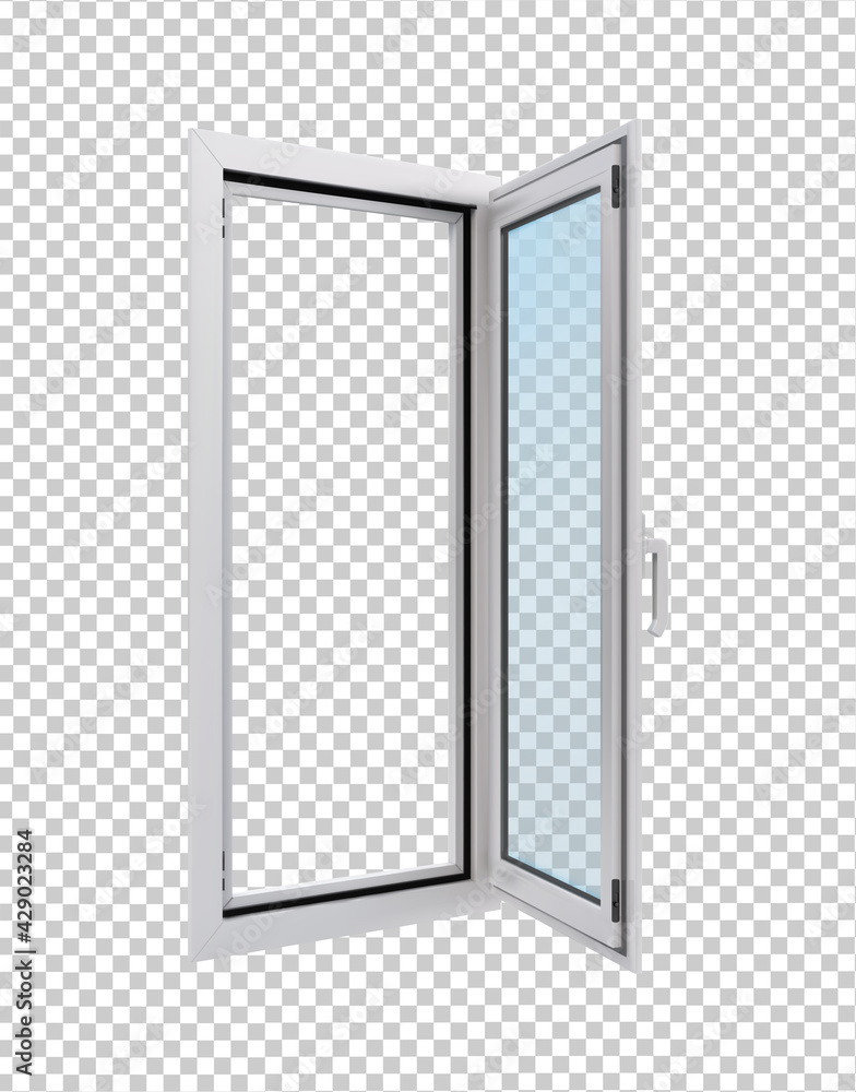 White open narrow window in side view on a transparent background ...