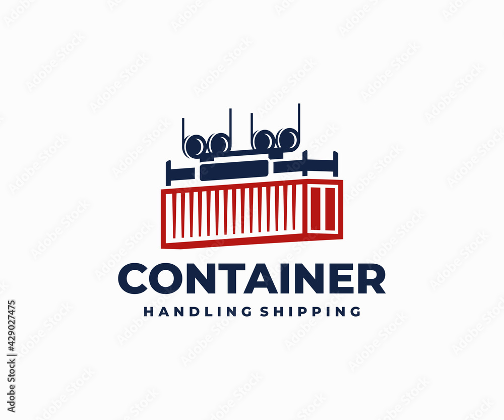 Vetor de Container box handling logo design. Shore crane loading vector ...