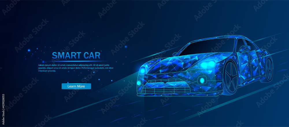 Smart car. Futuristic polygonal model auto. Smart auto ai. Wireframe in ...