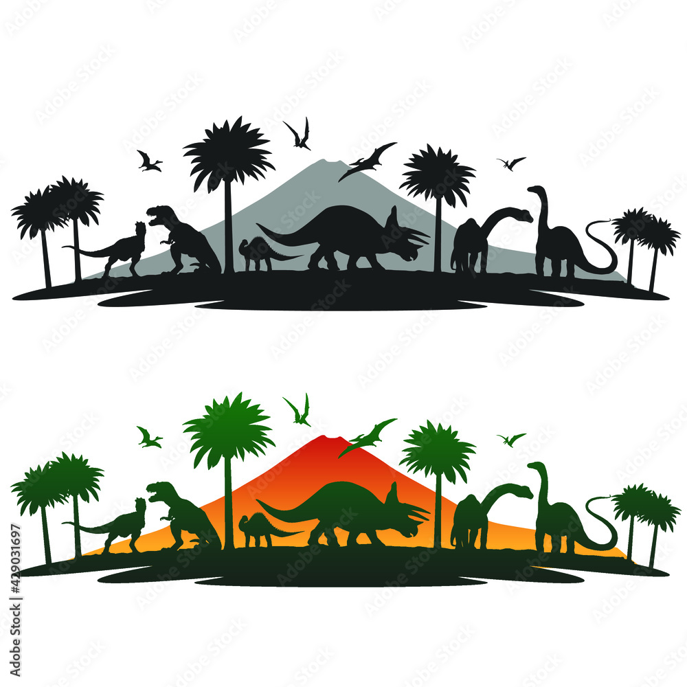 Dinosaurs Illustration Clip Art Design Scene. Collection Silhouettes ...