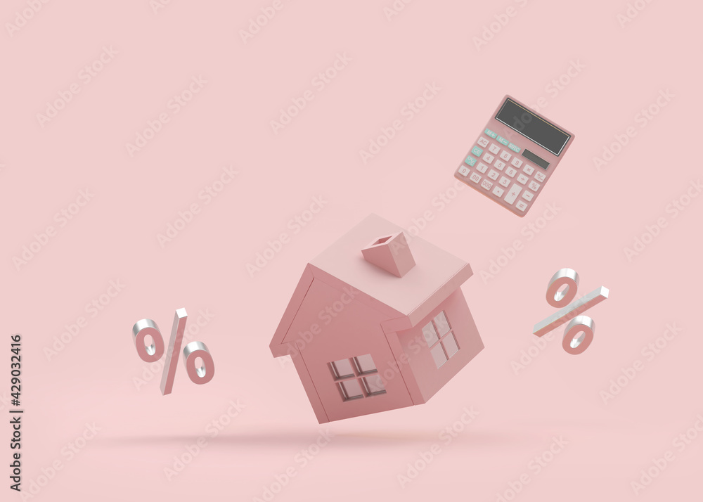 House with calculator and percent signs around in pink. 3d illustration ...