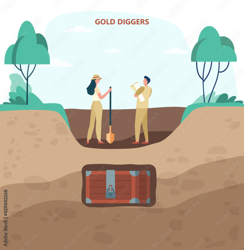 Two gold diggers in search of treasures flat vector illustration ...