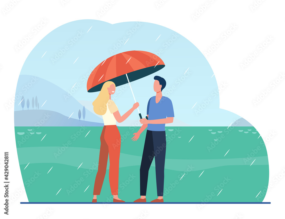 Cartoon couple standing under rain with umbrella. Flat vector ...