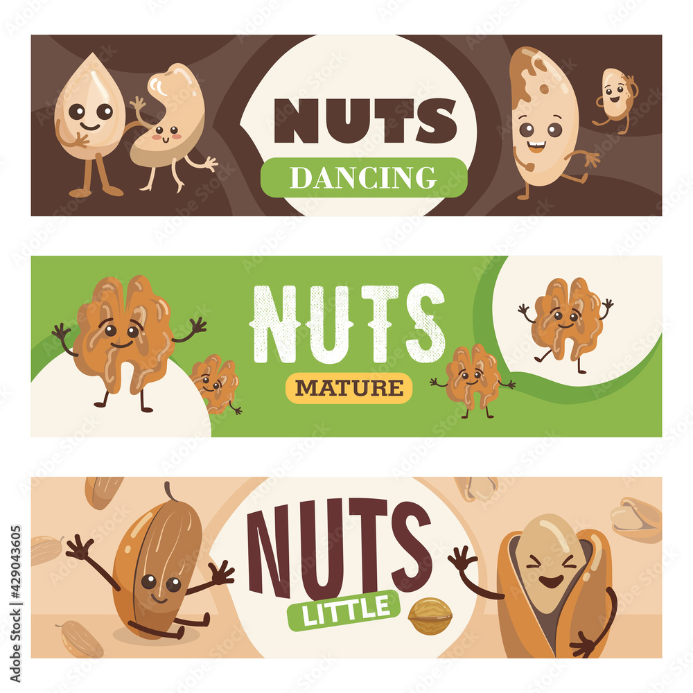 Playful nuts characters banners set of cartoon vector illustrations ...