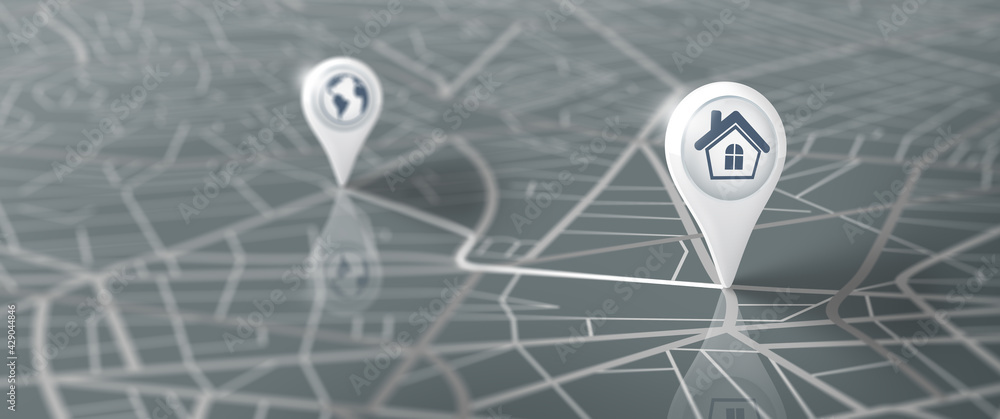 GPS Navigation Street Map with Pin icon on routes. Map and pin marker ...