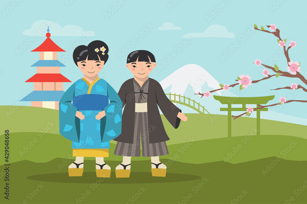 Asian boy and girl in national costumes smiling. Friendly cartoon ...