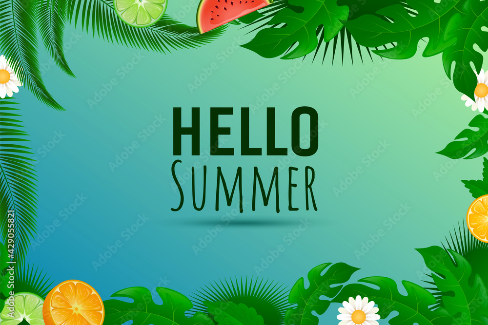 Hello summer vector cartoon banner concept. Text in tropical floral and ...