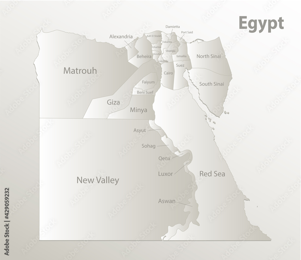 Egypt map, individual regions with names, card paper 3D natural vector ...