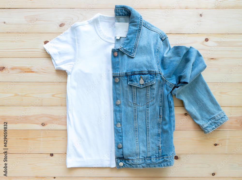 flat lay White tshirt mockup and denim jacket jeans on brown wooden ...