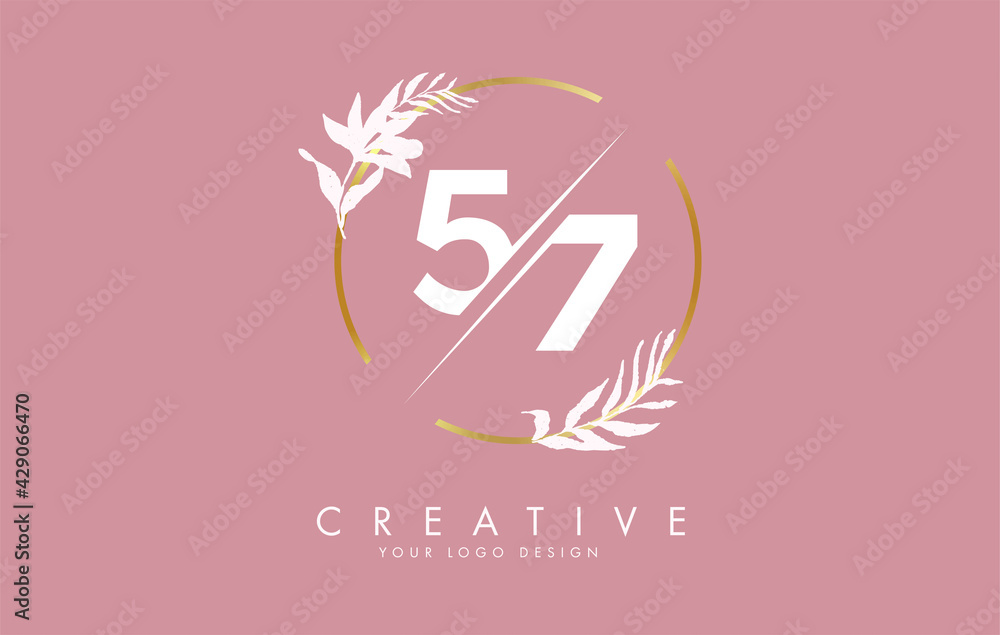Number 57 5 7 logo design with golden circle and white leaves on ...