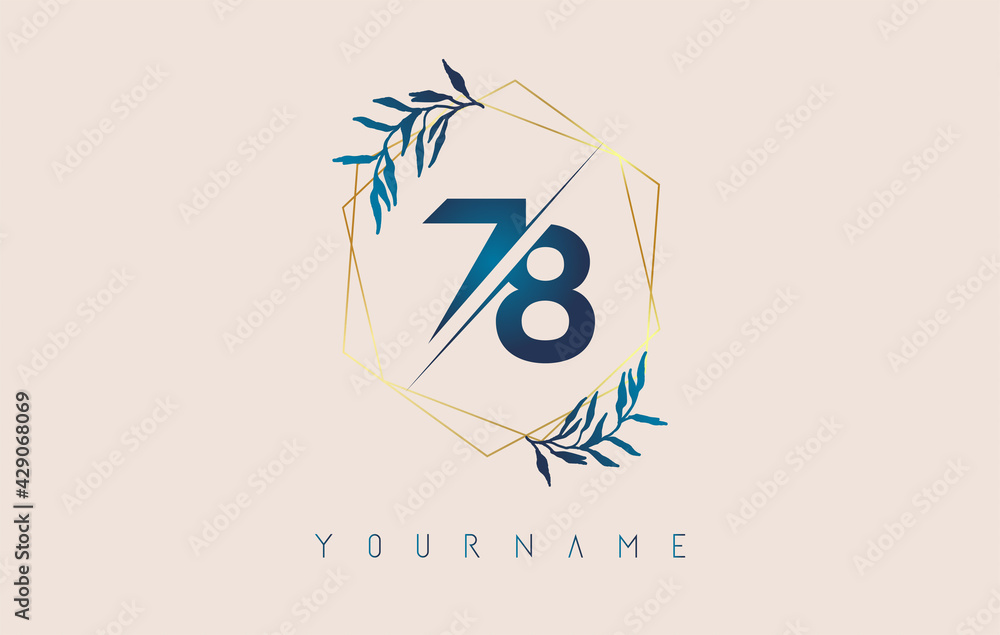 Number 78 7 8 logo with golden polygon frames and gradient blue leaves ...