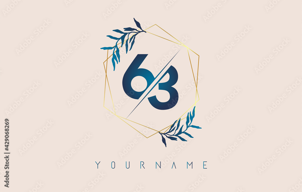 Number 63 6 3 logo with golden polygon frames and gradient blue leaves ...
