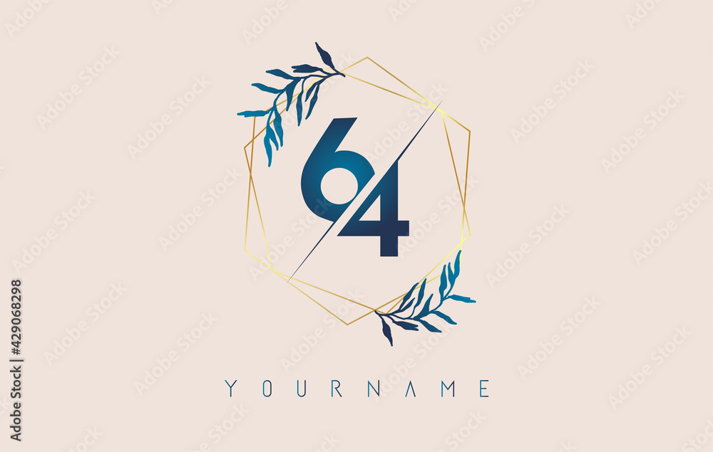 Number 64 6 4 logo with golden polygon frames and gradient blue leaves ...